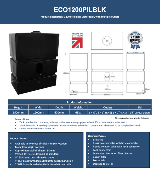 1275 Litre Water Tank Black Virgin Polymer
