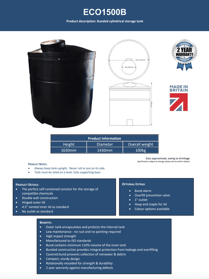 1500 Litre Bunded Water Tank