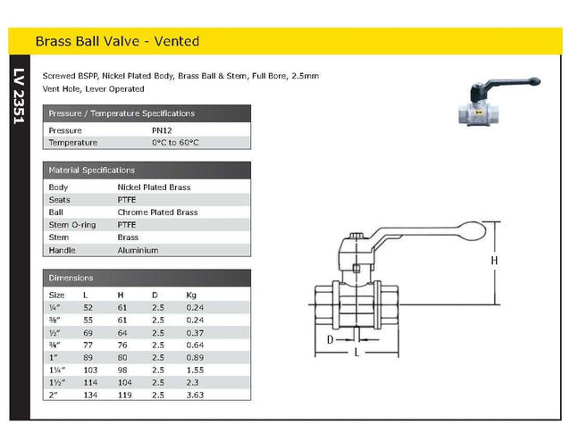 Nickel-Plated Brass Vented Ball Valve - BSP Female PN12