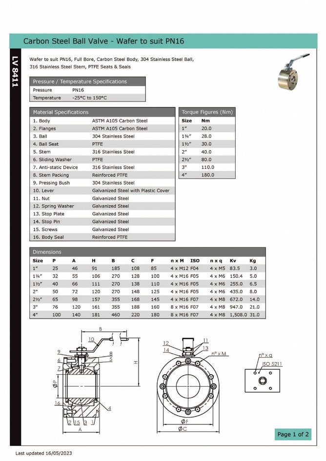Carbon Steel Wafer Ball Valve - PN16 Full Bore