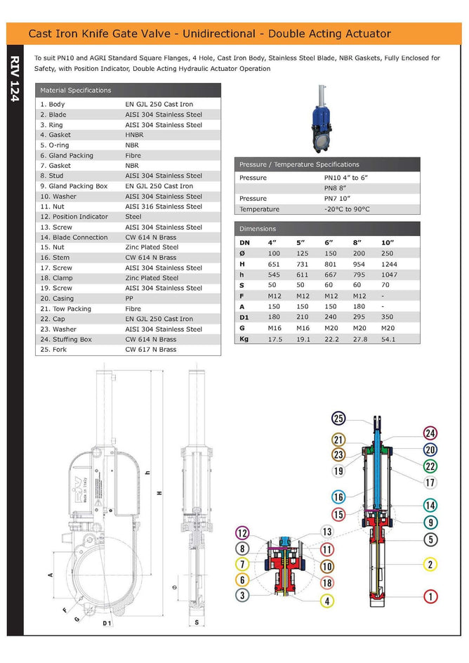 Cast Iron Knife Gate Valve PN10 Agri Hydraulic Actuator
