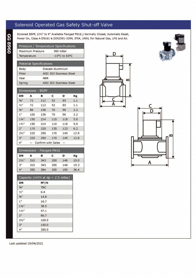Solenoid Gas Safety Shut-Off Valve - PN16 Flanged 240V Auto Reset