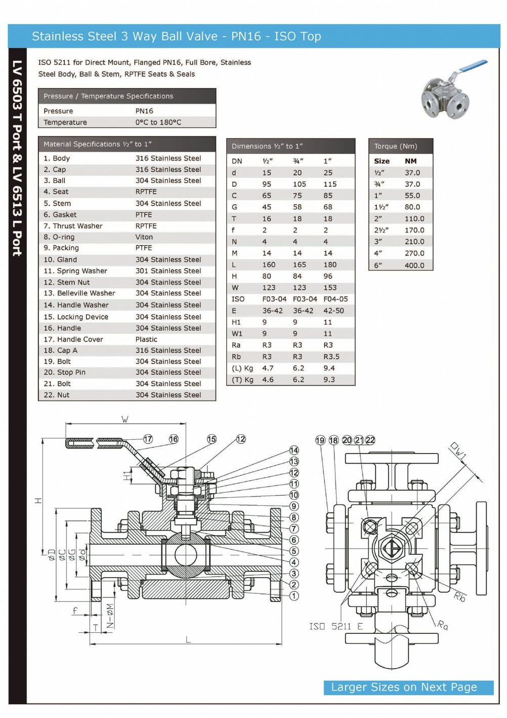 316 Stainless Steel 3-Way L-Port Ball Valve PN16 ISO Top